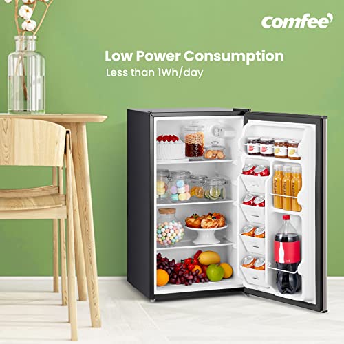 COMFEE' CRM33S3AST Cubic Feet Compact Singel Door Mini Fridge for Bedroom Office Garage Studio Dorm with 3 Removal Glass Shelves Stainless Steel Refrigerator, 3.3 Cuft, Silver