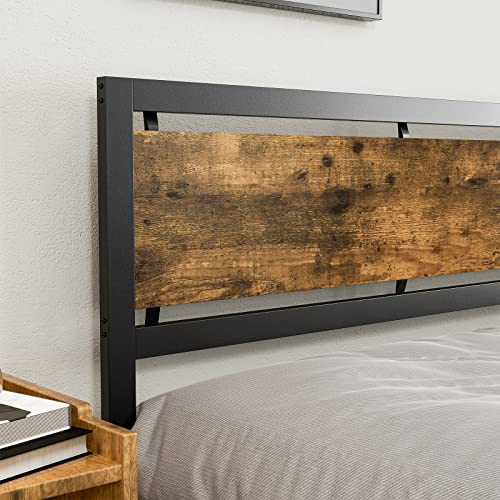 IKIFLY Industrial Metal King Size Bed Frame/Farmhouse Metal Platform Bed with Wooden Headboard Footboard/Heavy Duty Steel Slats Support/No Box Spring Need, Easy Assembly(King, Rustic Brown)