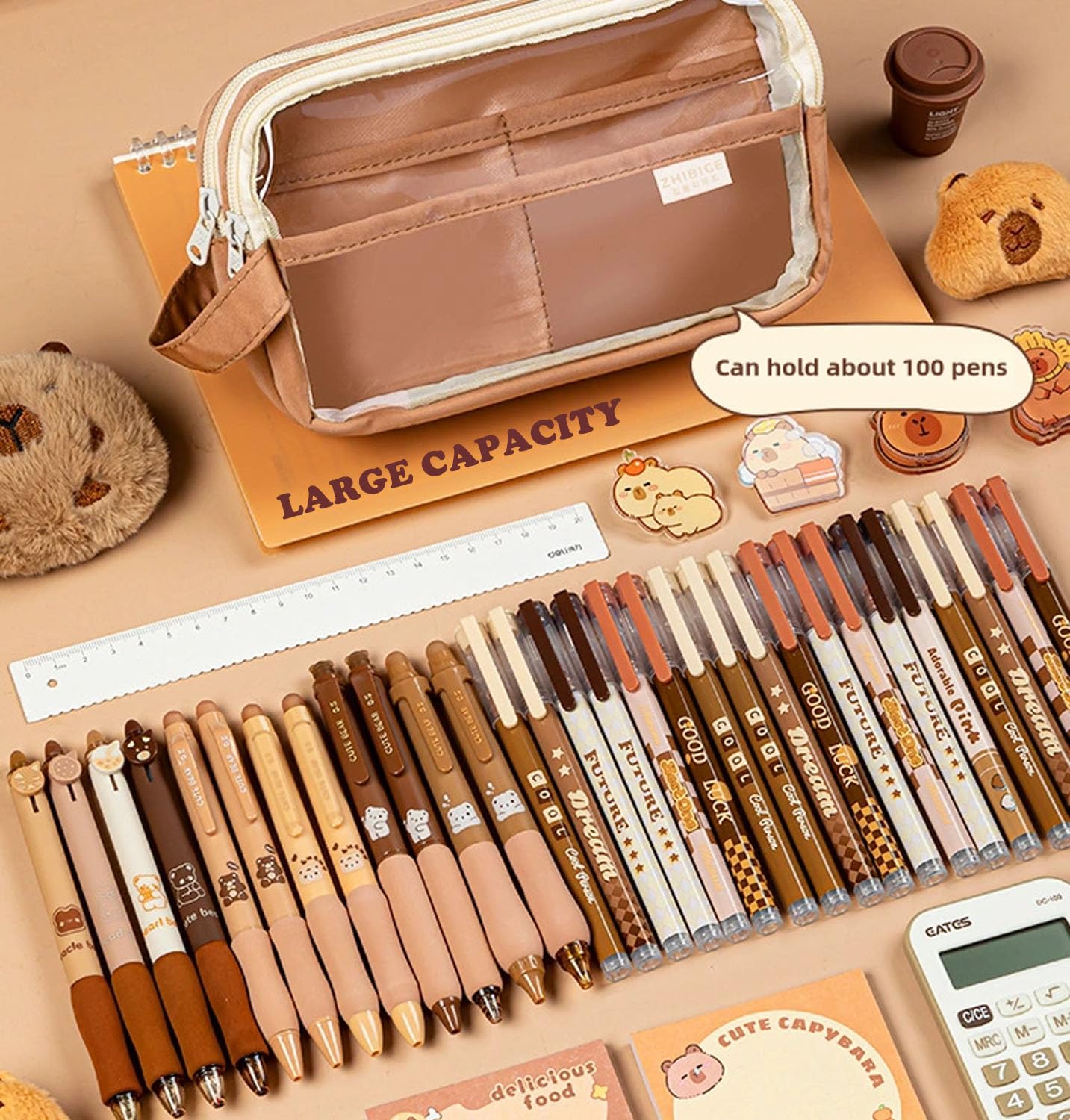 Capybara Pencil Case, Cute Msfym Pencil Pouch Lock Aesthetic Capybara, Kawaii Clear Capybara School Supplies with Compartments, Comes with Brooch, Stickers, Pendant, And Memo Pad (Brown)