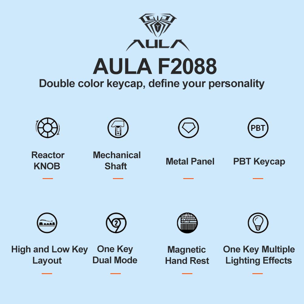 AULA F2088 Grey Mechanical Keyboard Wired with Wrist Rest, Media Knob, PBT Keycaps, White LED Backlit, 104 Keys Programmable Ergonomic Gaming Keyboards for PC MAC Desktop Computer Gamer (Black Switch)