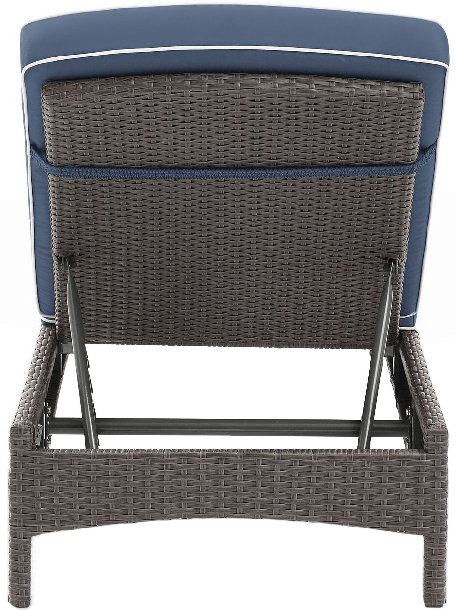 Crosley Furniture Palm Harbor Reclining Wicker Outdoor Chaise Lounge Chair for Patio, Deck, Poolside, Gray with Navy Cushions