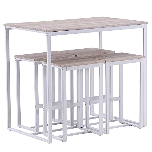 Dining Table Set (100 x 60 x 87) cm Oak Simple 87cm High Bar Table and Chairs Set of 5 PVC Paper Lacquered White Matte White