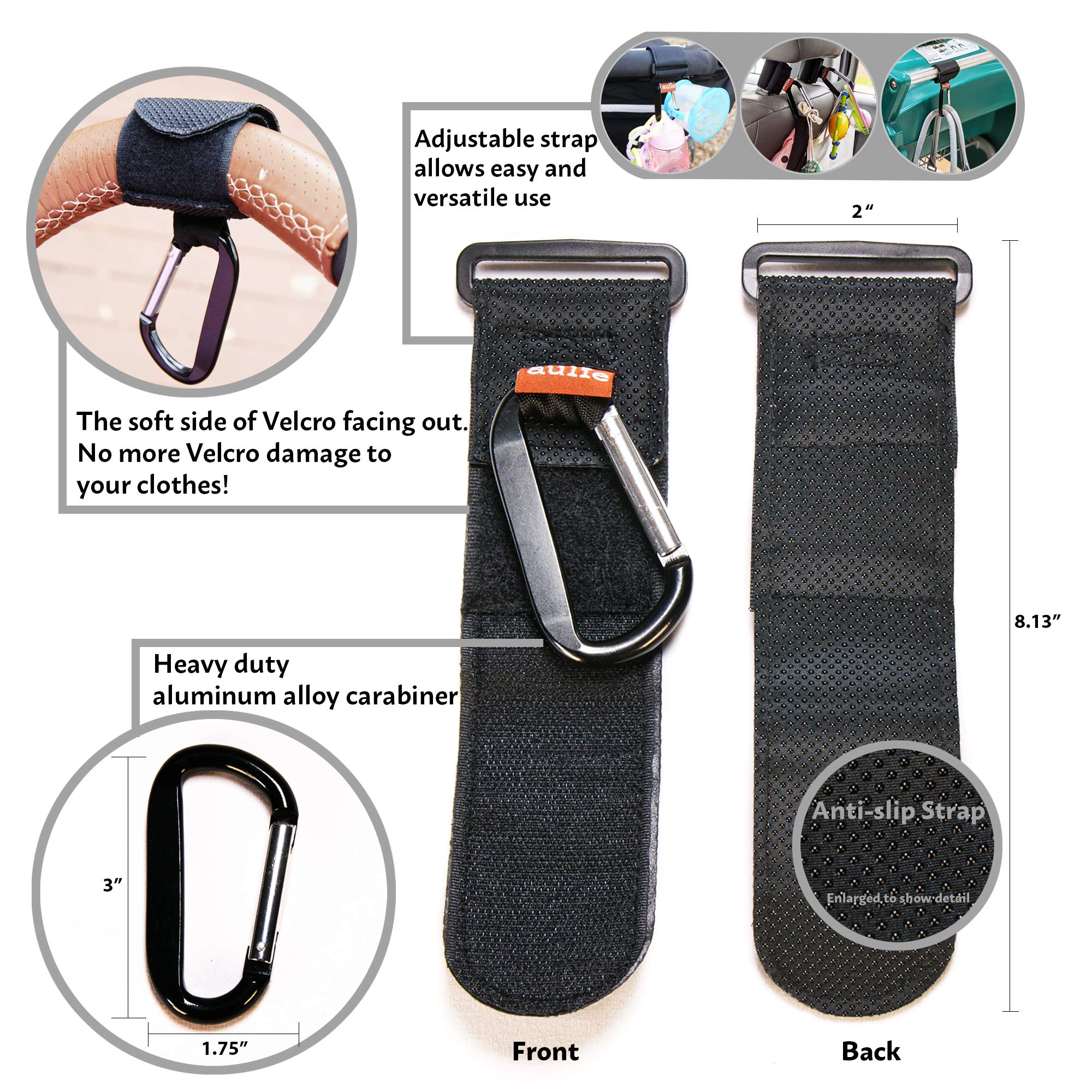 Aulie Stroller Hooks-2 Pack of Baby Stroller Organizer Non-Slip Adjustable Multi-Purpose Hooks, Hanger Clips for Diaper Bags, Groceries, Purse