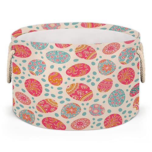 Colorful Eggs Easter Pattern (11) Large Round Baskets for Storage Laundry Baskets with Handles Blanket Storage Basket for Bathroom Shelves Bins for Organizing Nursery Hamper Girl Boy