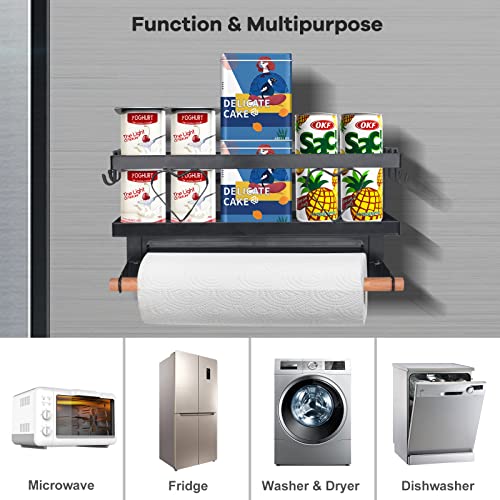 Graehn Magnetic Shelf for Refrigerator Paper Towel Holder Wall Mount Magnetic Spice Rack for Refrigerator Washing Machine Microwave OvenĀ Organizer for Kitchen 4 Hooks (Black)