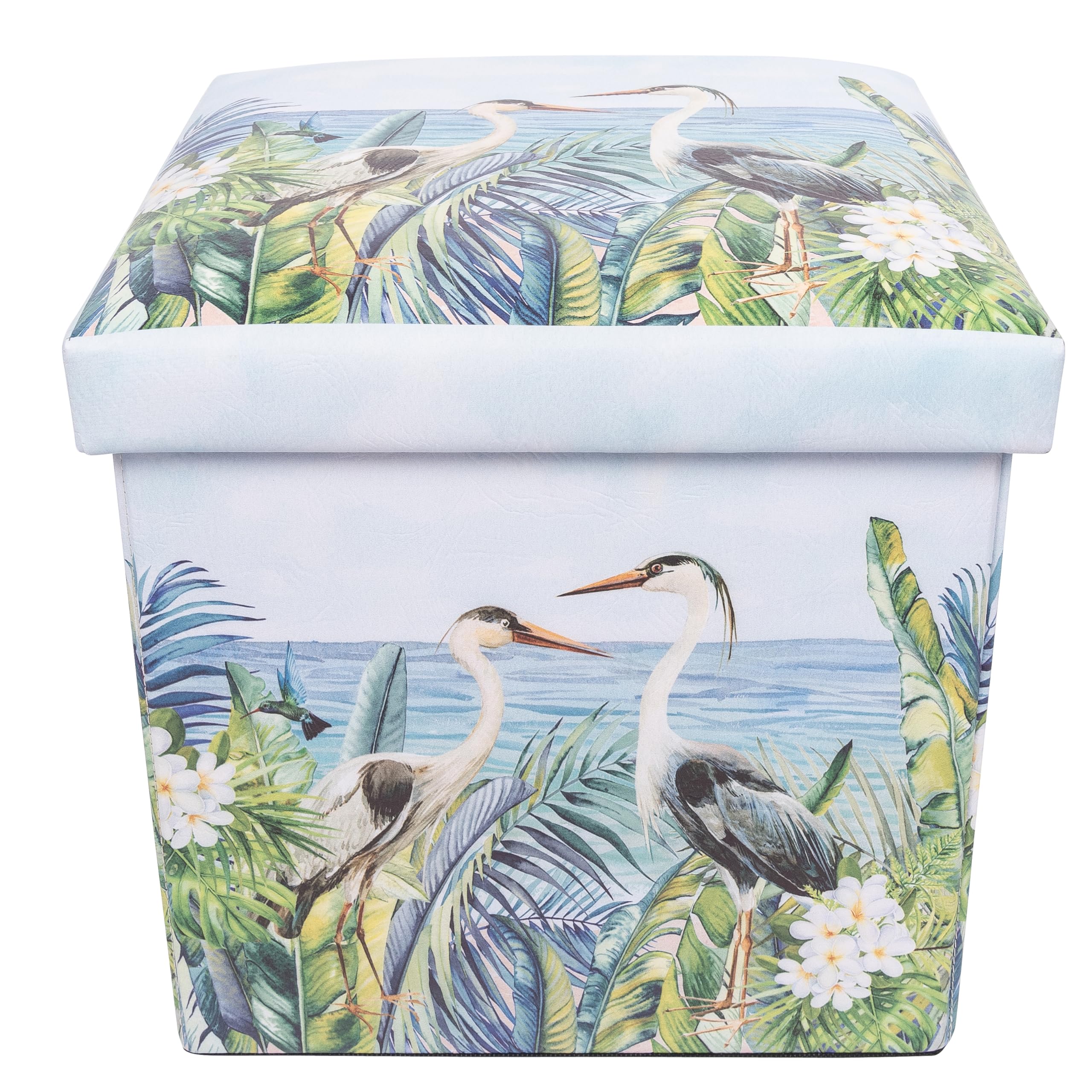 Corner Merchant Collapsible Ottoman Storage Box with Lid Decorative Coastal Decor (Blue Heron)