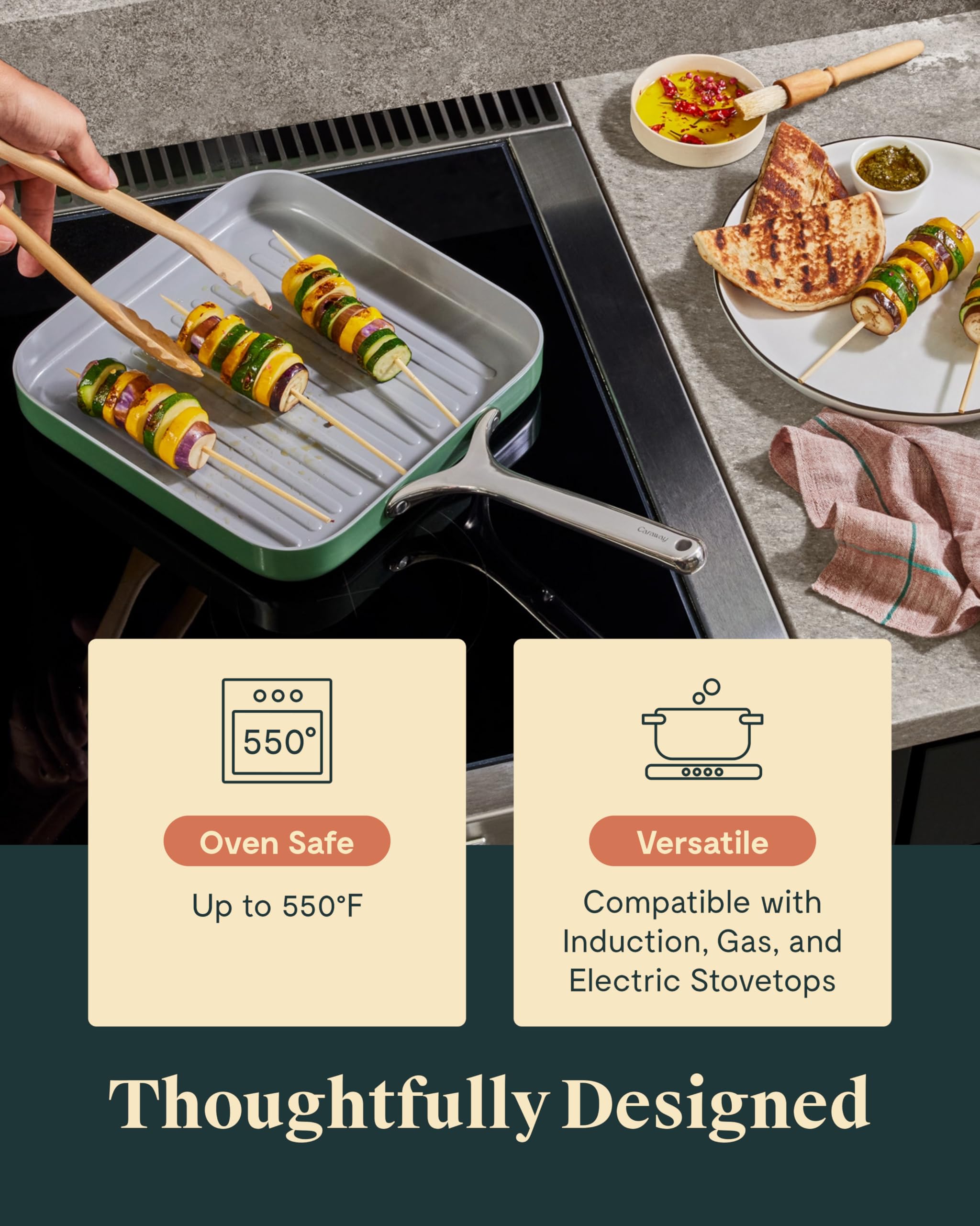 Caraway Griddle Pan & Grill Pan Duo - Non-Stick Ceramic Coated - Non Toxic, PTFE & PFOA Free - Oven Safe & Compatible with All Stovetops β Sage