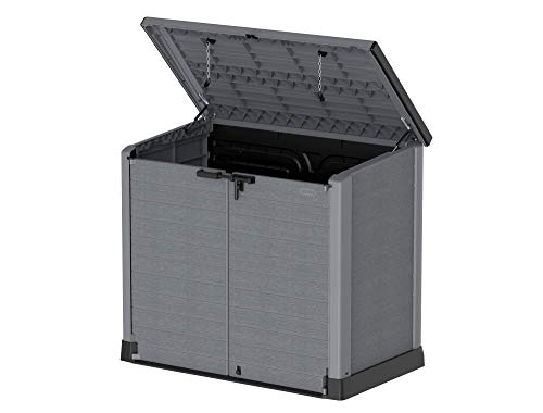 Duramax Cedargrain StoreAway 1200L Plastic Garden Storage Shed/Flat Lid - Outdoor Storage Bike Shed – Durable & Strong Construction– Ideal for Tools, Bikes, BBQs & 2X 240L Bins, 145x85x125 cm, Grey