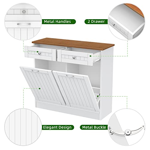 Double Kitchen Trash Cabinet, Dual Tilt Out Trash Cabinet with Two Wood Hideaway Trash Holder Drawers, Free Standing Wooden Kitchen Trash Can Recycling Cabinet Trash Can Holder