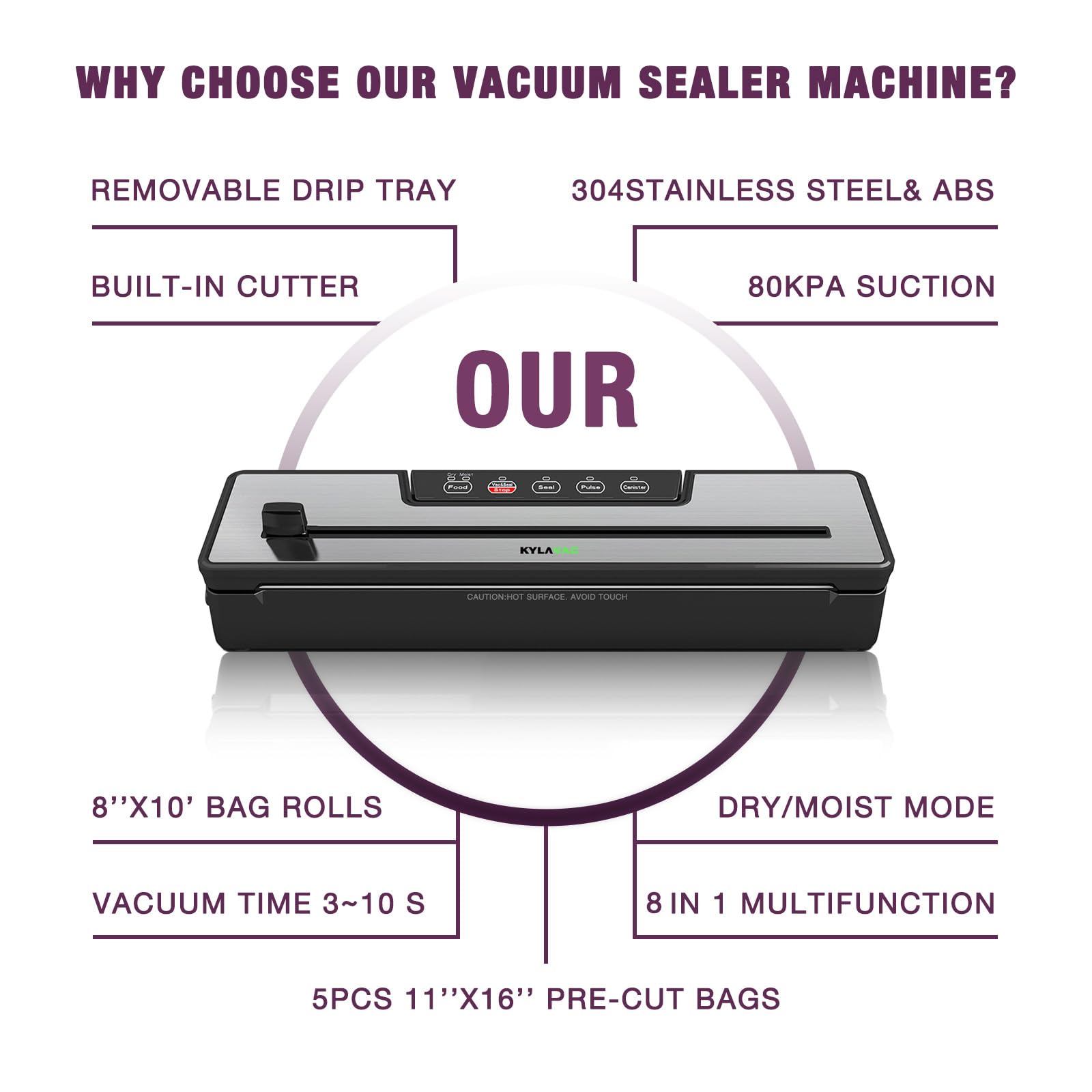 Kylavac Food Vacuum Sealer Machine, Powerful Automatic 8-in-1 for Compact Food Storage Sealer, with Starter Kits and Dry&Wet Saver Modes, Bags and Cutter Included, Sous Vide(Silver)