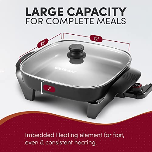 Elite Gourmet EG2212 12"x12"x2.15” Healthy Ceramic Coated Electric Skillet, Dishwasher Safe, Rapid Heat Up, 1200W & EDB-302BF# Countertop Double Cast Iron Burner, 1500 Watts
