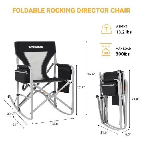 FUNDANGO Rocking Camping Chair for Adults, Oversized Portable Rocking Chair Outdoor Folding with Cooler and Side Pocket for Outside, Backyard, Patio, Lawn, Garden (Black/Grey)