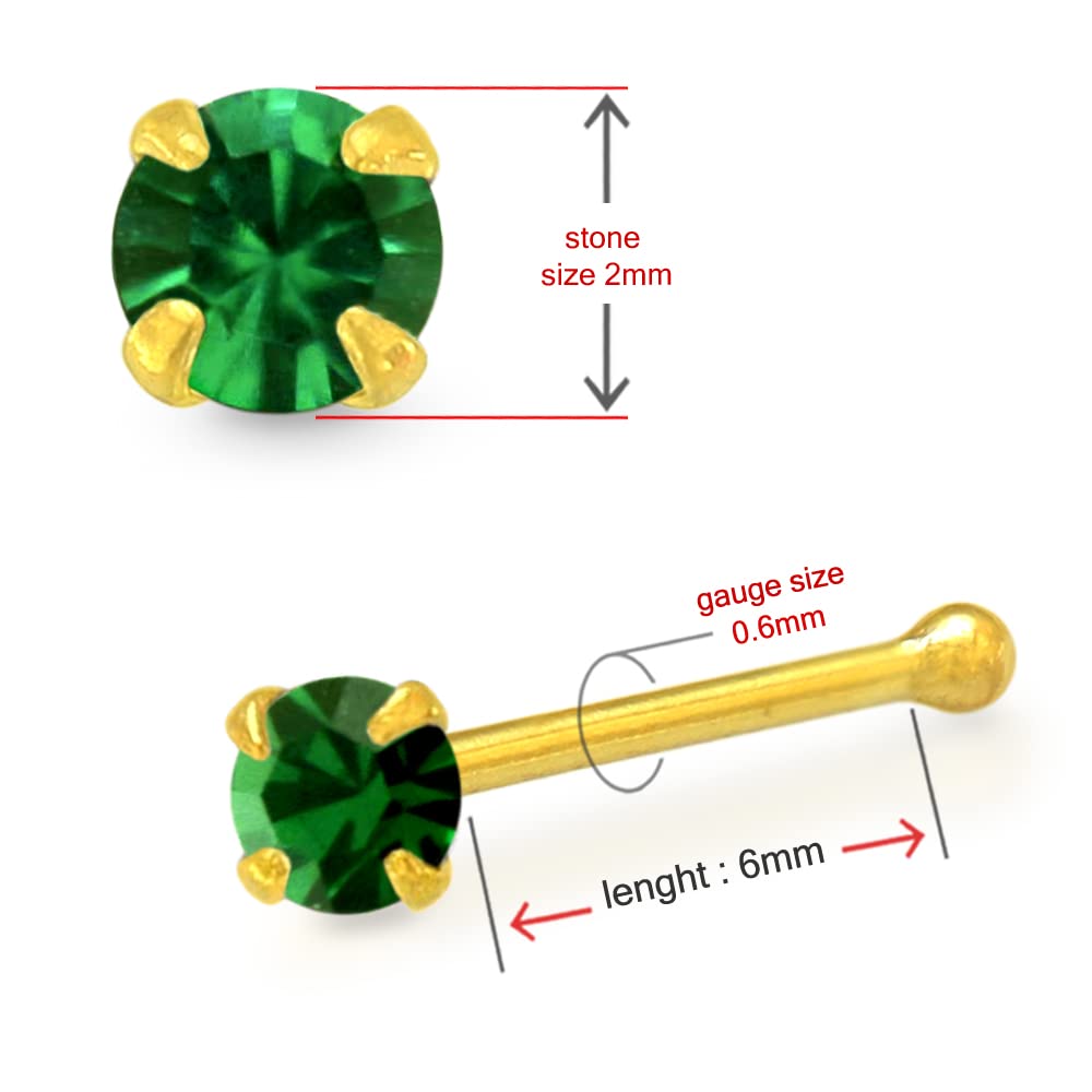 AtoZ Piercing - 9 Karat Solid Yellow Gold Claw Set 2MM Emerald Crystal Stone 22 Gauge Ball End Nose Stud Jewelry