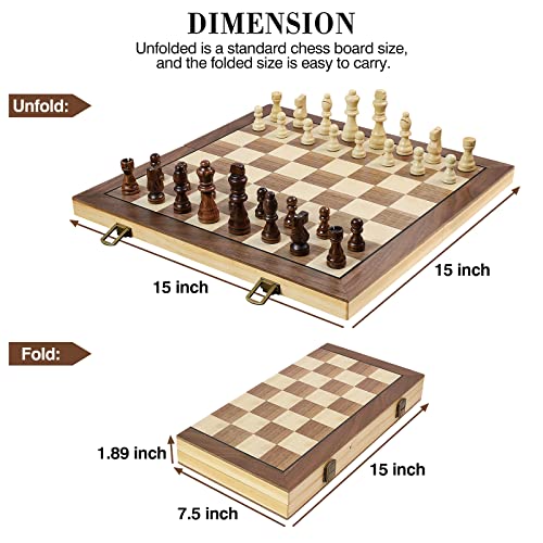 LEAP Magnetic Wooden Chess Sets 15 inch Foldable Chess Board 3 inch King Height Chess Pieces Travel Chess Sets, Chess Board Set with 2 Extra Pieces and Storage Slots for Kids, Adults