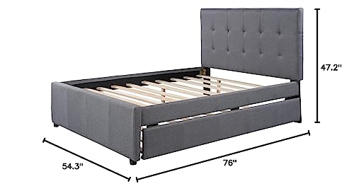 GLORHOME Full Size Upholstered Platform Bed with Headboard and Trundle,Wood Slat Support, Space Saving Furniture for Bedroom, Grey1