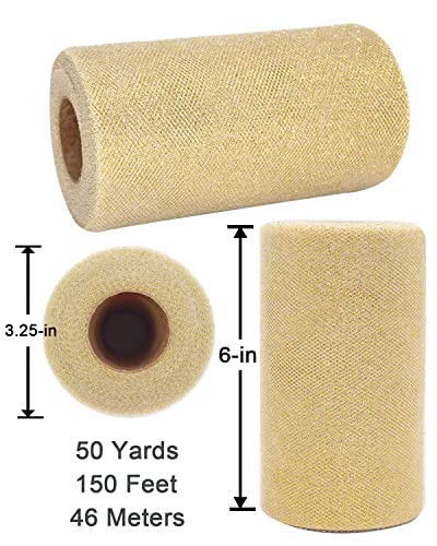 Glitter Gold Tulle Fabric Rolls, 6 Inch 50 Yards (150ft) Sparkling Spool Ribbon Sequin Netting for Tutu Skirt Gift Wrapping Wedding Party Decoration (White/Gold)