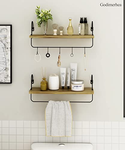 Godimerhea Floating Shelves with Hooks, Set of 2 Rustic Wall Mounted Wooden Decorative Storage Shelves with Towel Rack for Coffee Bar, Kitchen, Living Room(Brown)