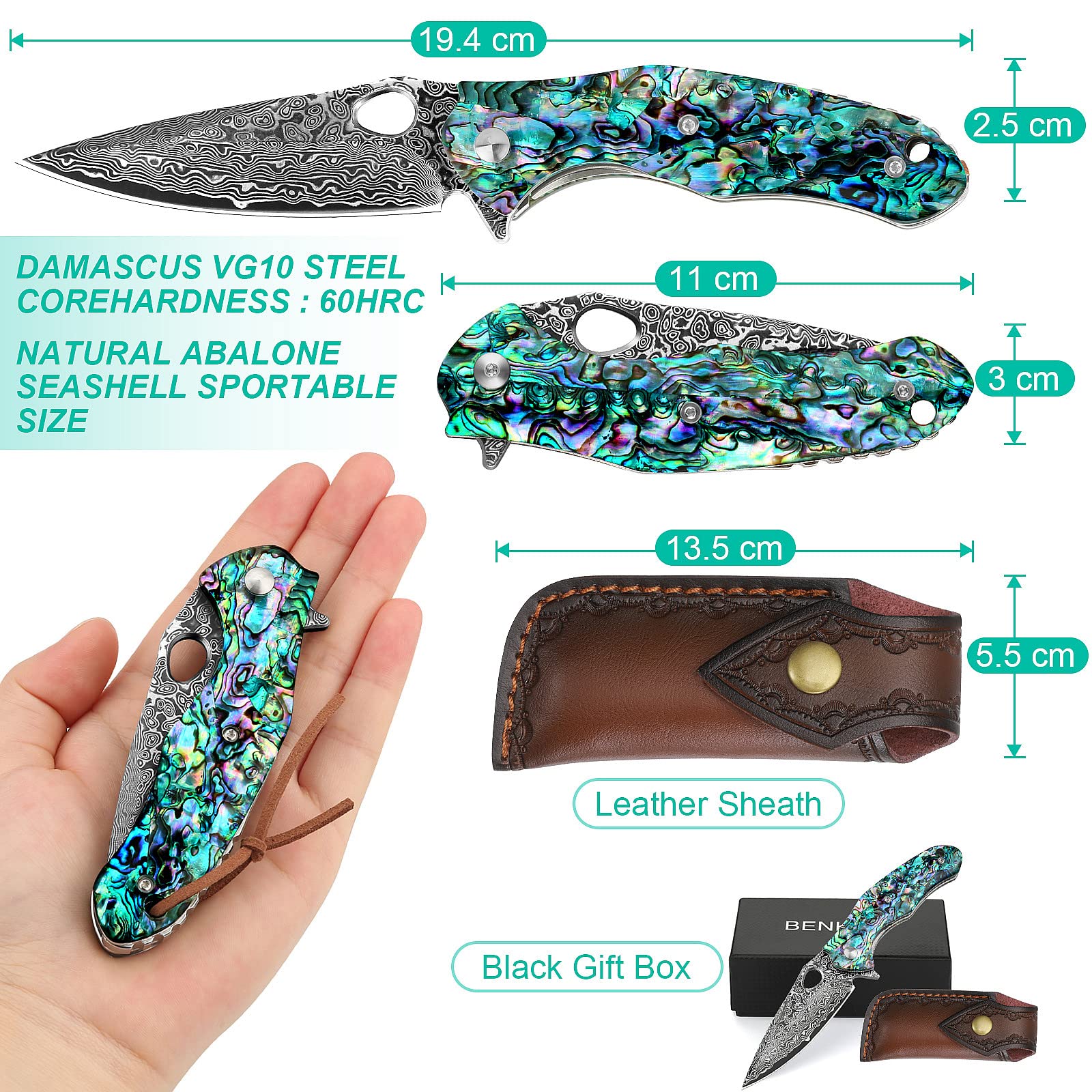 Benkey VG10 Damascus Natural Abalone Seashells Pocket Knife with Clip Leather Sheath and Fixed Blade Hunting Knife Bundles