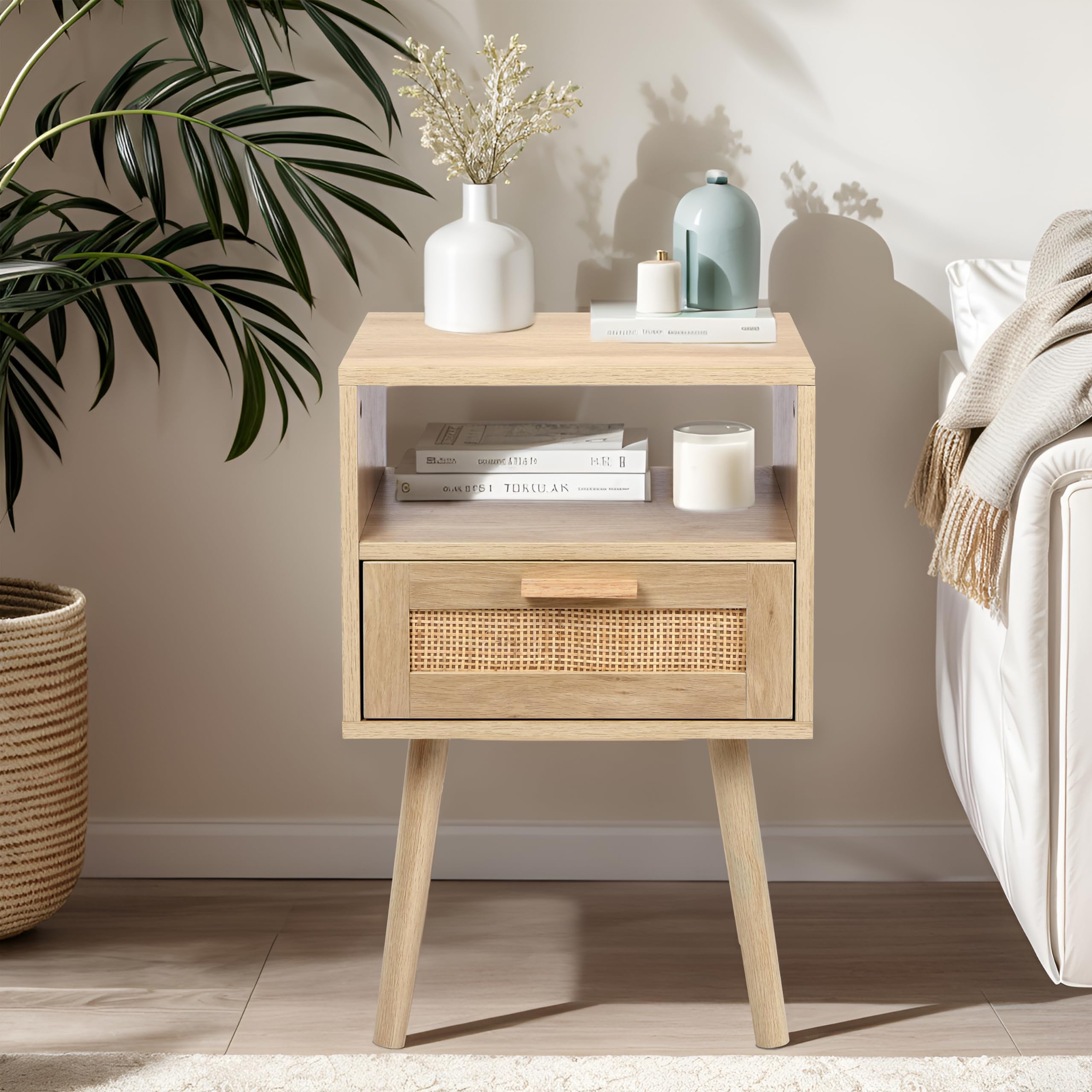 Finnhomy Nightstands Set of 2, End Table, Nightstand, Side Table with Hand Made Rattan Decorated Drawers, Wood Accent Table with Storage for Bedroom, Natural