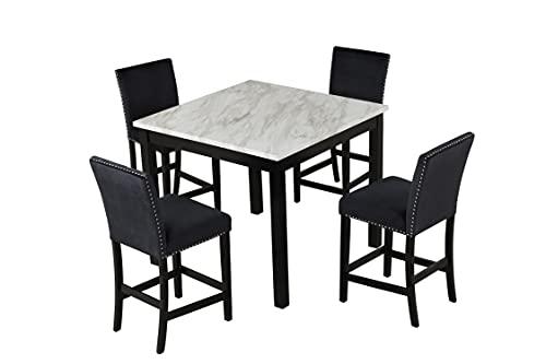 GLORHOME 4 5-Piece Counter Height Set with One Faux Marble Dining Table and Four Upholstered-Seat Chairs for Kitchen, Black