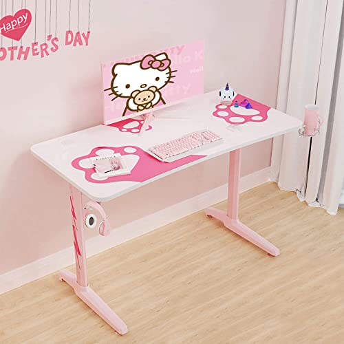 DoubleWin Pink Gaming Desk, 47 inch Gaming Table I Shaped Gaming Computer Desk for Girls, Home Office PC Computer Table Gaming Desk Pink with Cup Holder Headphone Hook and Gaming Handle Rack