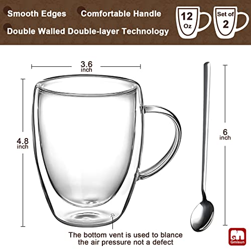 GMISUN Glass Coffee Cups, 2 Pack Double Wall Glass Coffee Mugs with Bamboo Lids, 12 Oz Clear Coffee Mug with Handle, for Ice Coffee/Tea/Hot Beverages/Cappuccino/Latte, Extra Spoons, Coaster