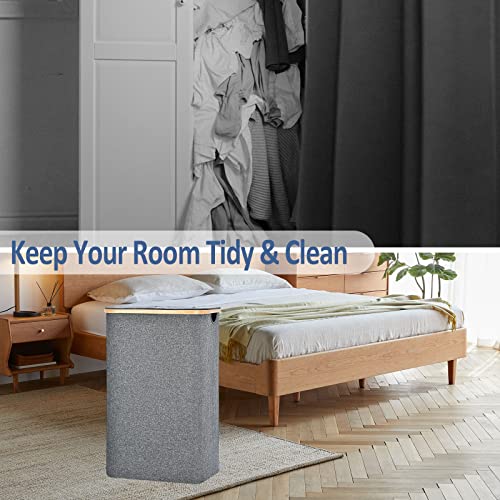 Edergoo Laundry Basket with Lid 100L, Laundry Hamper with Premium Bamboo Handle, Dirty Clothes Hampers for Laundry, 27.6" Tall Bathroom Laundry Basket Freestanding with Removable Bag, Grey