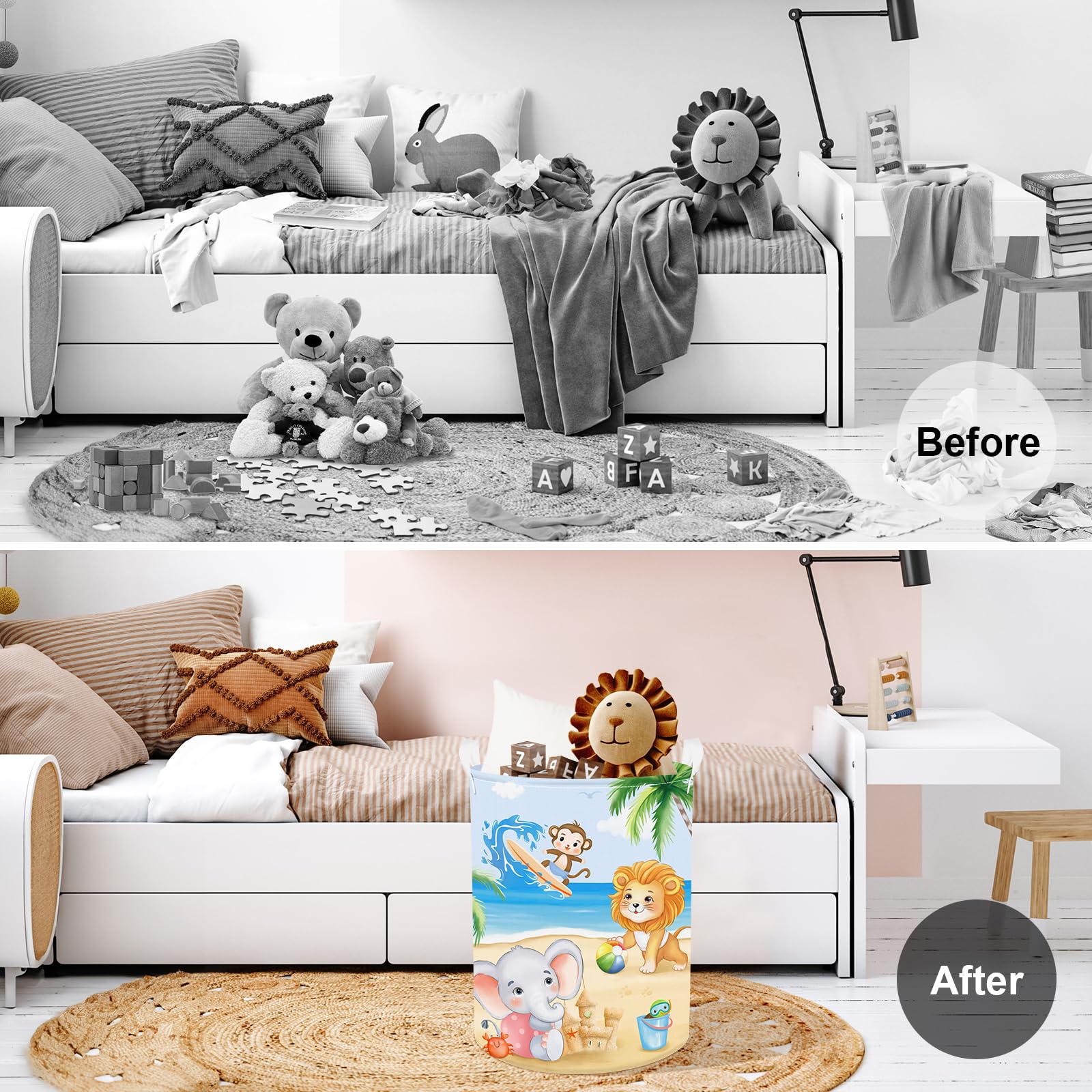 Clastyle Surfing Monkey Lion Laundry Hamper Summer Pool Beach Towel Blanket Basket Elephant Castles Nursery Hamper Kid Bedroom Round Toy Clothes Storage Basket