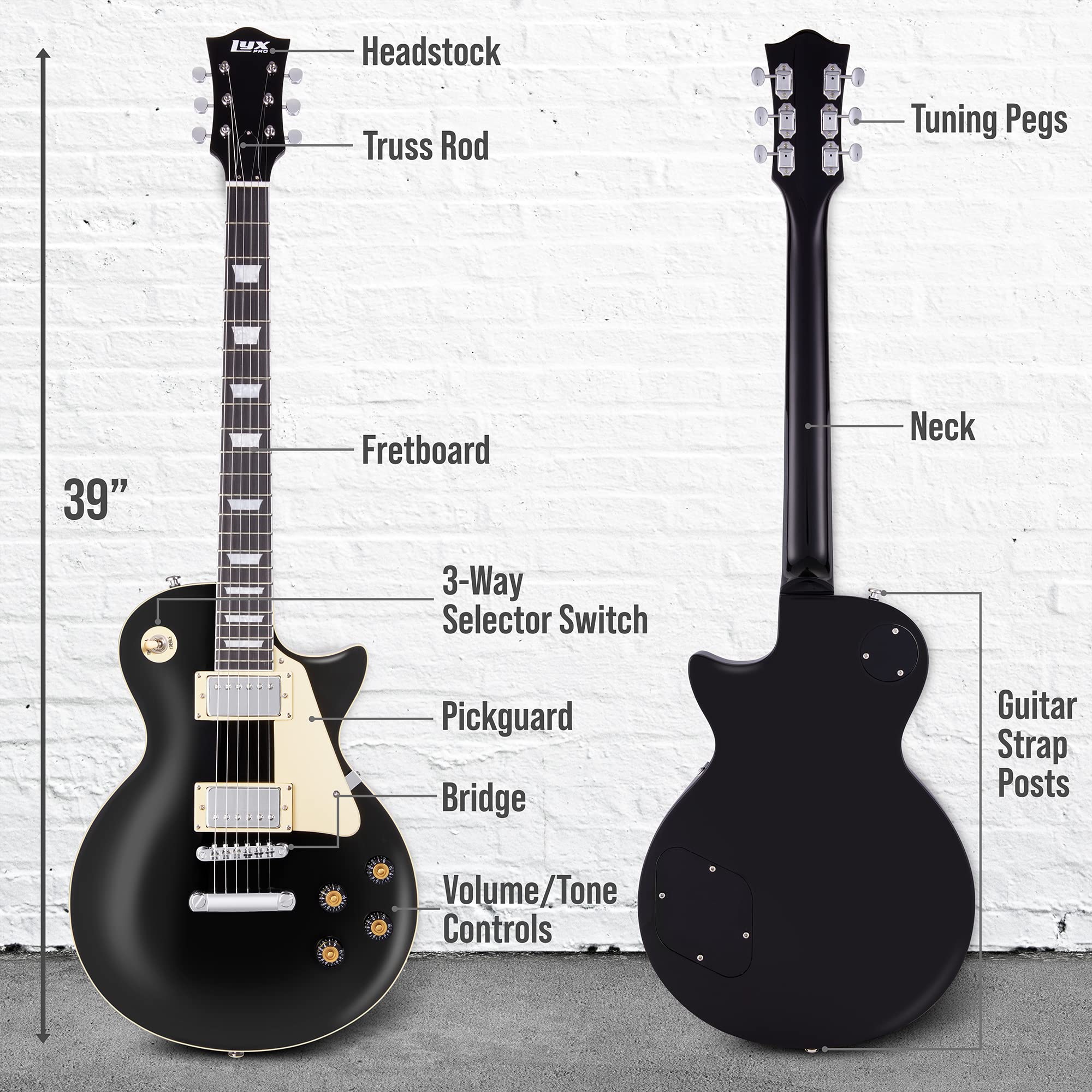 LyxPro 39” SB Series Electric Guitar, LP Style for Beginner, Intermediate & Pro Players Solid Body Guitar, Bonus 2-Pack of Picks, Mahogany Wood, Volume/Tone Controls, 3-Way Pickup - Black
