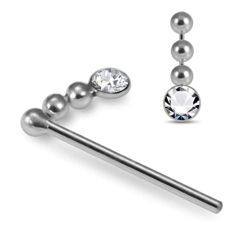 AtoZ Piercing White Jeweled Ball Chain Top 22 Gauge - 8MM Length Silver Straight End Nose Stud Nose Pin