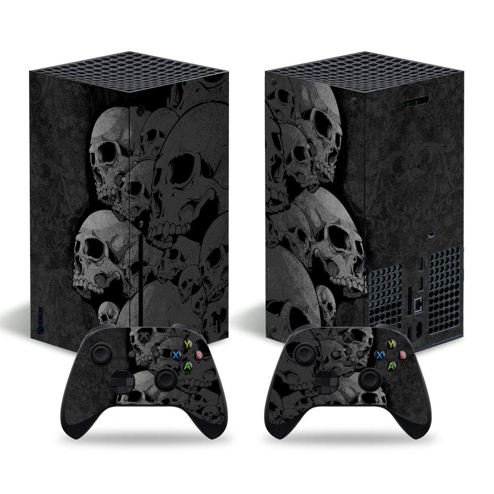 DOMILINA Full Body Vinyl Skin Decal Sticker Cover for Series X Console & Controllers - Black Skulls