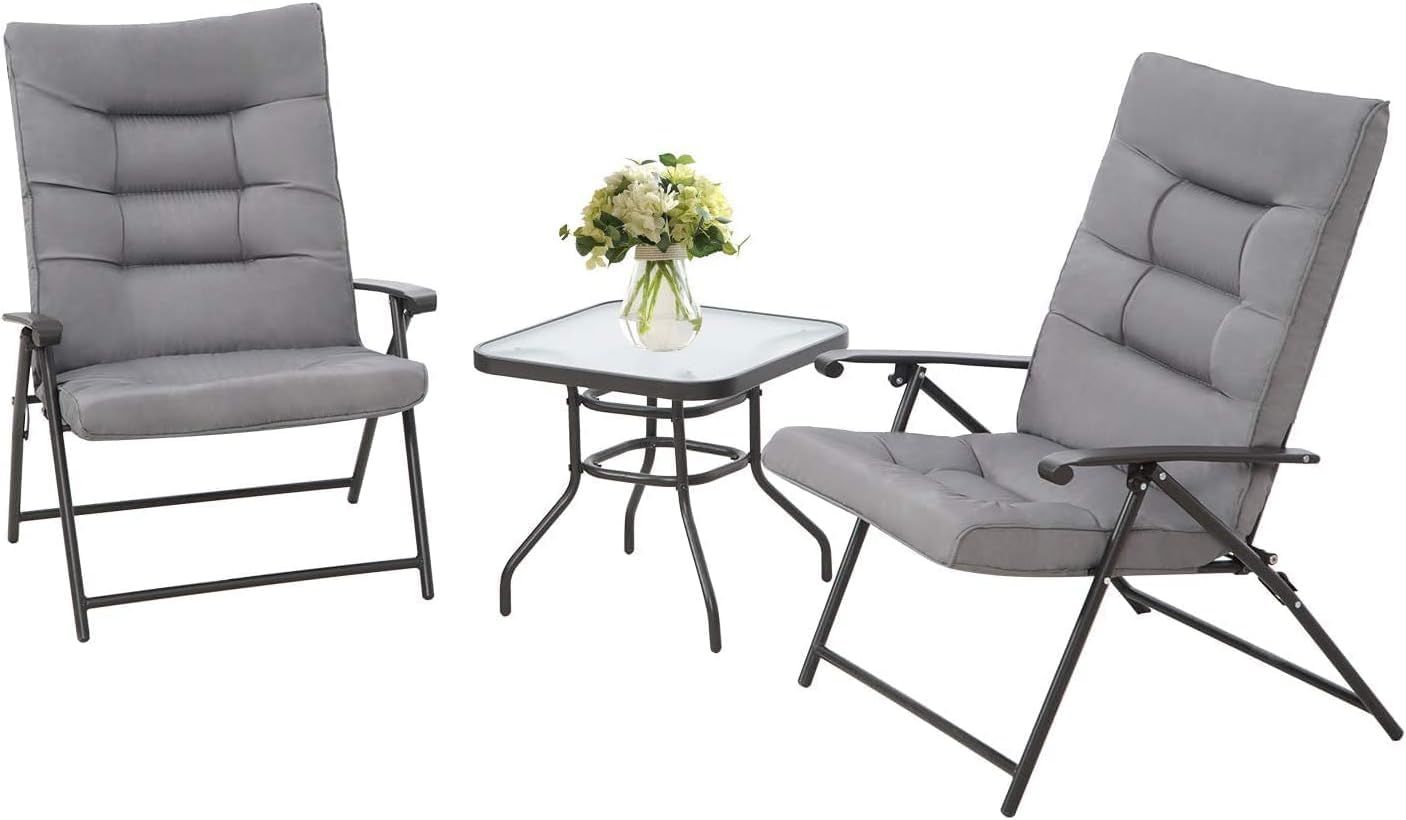 Patiomore 3 Pcs Patio Folding Bistro Set, Outdoor Metal Adjustable Recliner Furniture Set, 2 Foldable Padded Chairs and Coffee Bistro Table Set for Balcony, Backyard, Porch, Grey