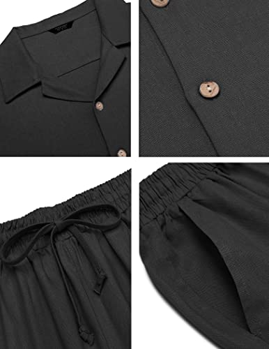 COOFANDY Mens Coordinated Outfit Linen Beach Casual Cuban Button Up Shirts Drawstring Pants, Black, X-Large