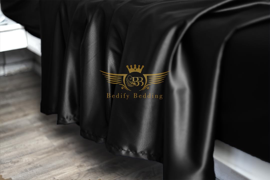 Bedify Bedding 100% Pure Silk Satin Duvet with Fitted Set 4 Pcs Silk Fitted Sheet 15" Deep Pocket Silk Duvet Cover Pillowcases Soft Silk Sheets|Wrinkle Free Fade Resistant(Black,King)