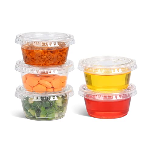 EDI [2 OZ, 50 Sets] Clear Disposable Plastic Portion Cups with Leakproof Lids | Jello Shot Cups | Condiment and Dipping Sauce Cups | Souffle Cups | BPA Free | Recyclable