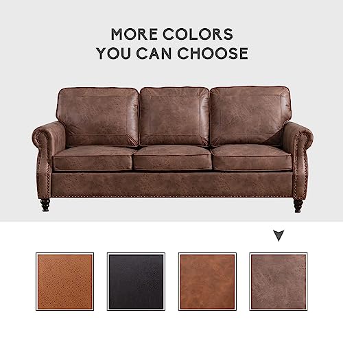 Dreamsir 79'' Traditional Faux Leather Sofa Couch with Nailhead Trim, Classic 3-Seater Sofa with Rolled Arms for Living Room, Bedroom, Apartment, Easy Assembly (Dark Brown)