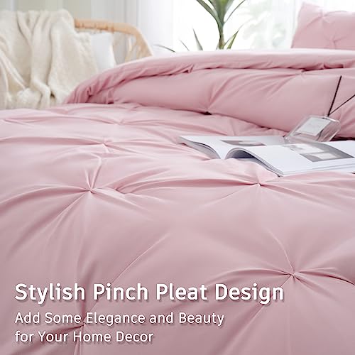 DOWNCOOL King Size Comforter Set - Pintuck Bedding Comforter Sets, 3-Piece Set, 1 Pinch Pleated Comforter and 2 Pillowcases, Soft Bedding Comforters & Sets for All Season, Pink Comforter King Size