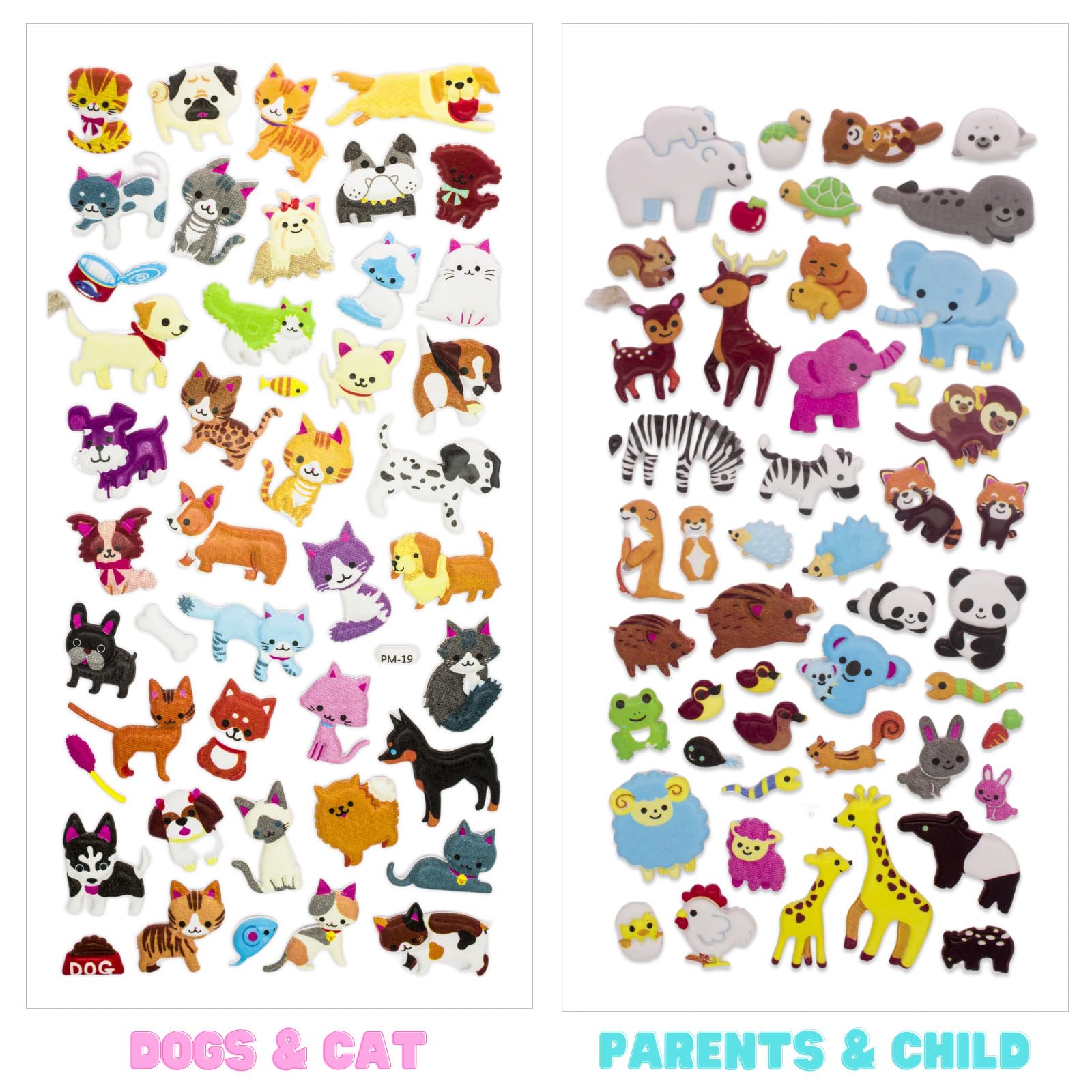 IMNEXT2U 3D Puffy Stickers for Kids Resuable Sticker for Toddler, Boys, Girls 4 Sheets - Mother Child Animals, Dogs, Cats, Elephant, Giraffe, Monkey, Sheep, Panda, Koala, Rabbit (Zoo)