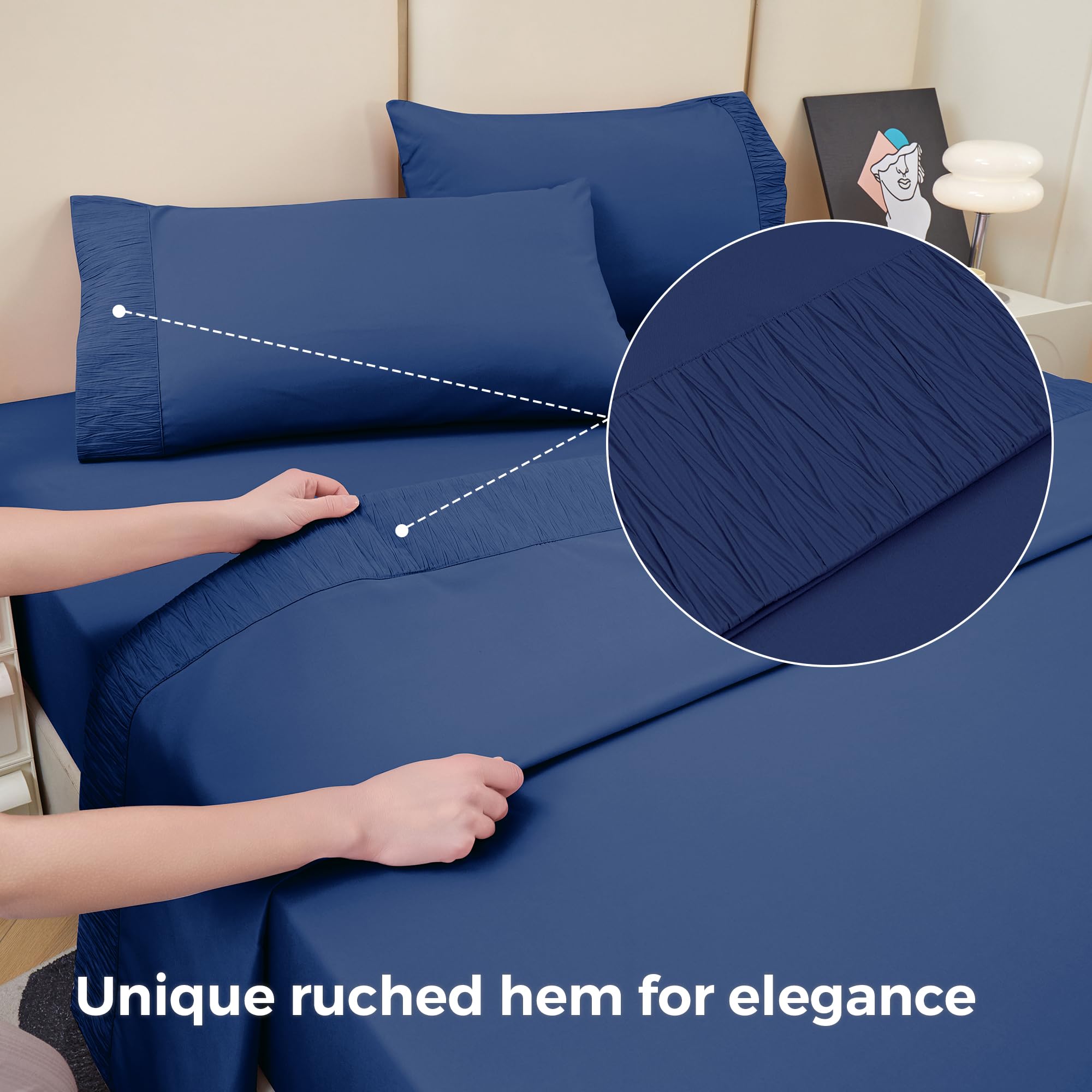 Bedmoon Twin Sheets, Soft Microfiber Cooling Sheets with Corner Straps, Navy Blue Bed Sheet Set with Non-Slip Fitted Sheet