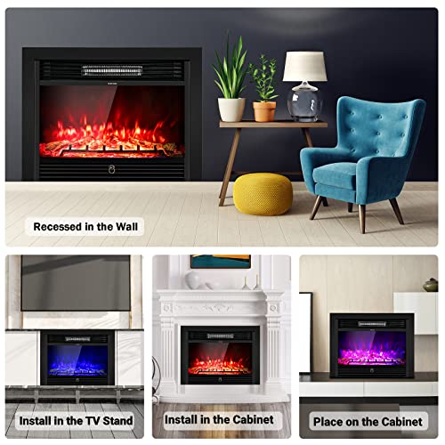 COSTWAY 28.5-Inch Electric Fireplace Inserts, 750W/1500W Wall Recessed and Freestanding Fireplace with 3 Flame Colors, 5 Brightness Settings, 8H Timer, Remote Control, Fireplace Heater for Indoor Use