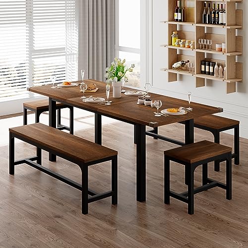 Feonase 5-Piece Dining Table Set for 6-10 People, 63" Large Extendable Kitchen Table Set with 2 Benches and 2 Square Stools, Dining Room Table with MDF Wood Board, Easy Assembly, Walnut
