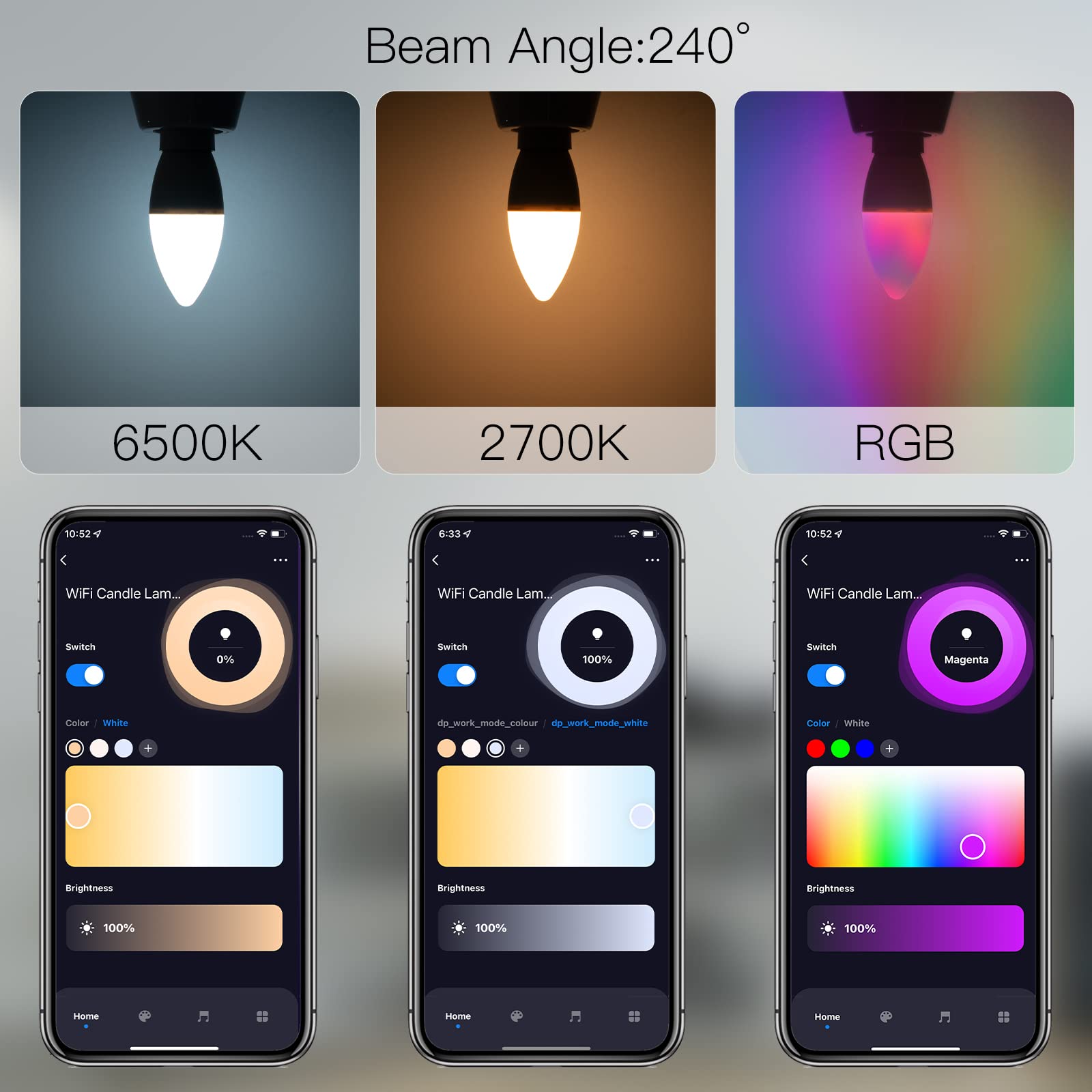 MoesGo Smart Candelabra Led Light Bulbs, WiFi E12 Smart Bulbs, 2700K-6500K CW& RGB Dimmable, Smart Life/Tuya APP Remote Control, Work with Alexa/Google Home, 470lm 5W (40W Equivalent) 4 Pack No Hub