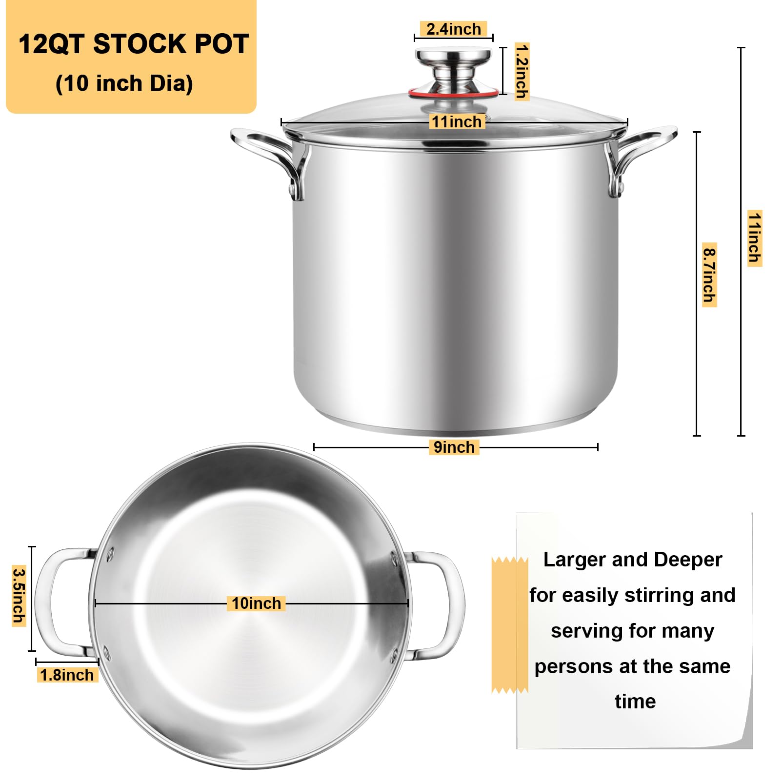 TeamFar 12 Quart Stock Pot, 18/10 Stainless Steel Large Cooking Soup Pot with Lid for Simmering/Stewing, for Induction/Gas/Ceramic, Healthy & Heavy-Duty, Riveted Handles & Dishwasher Safe