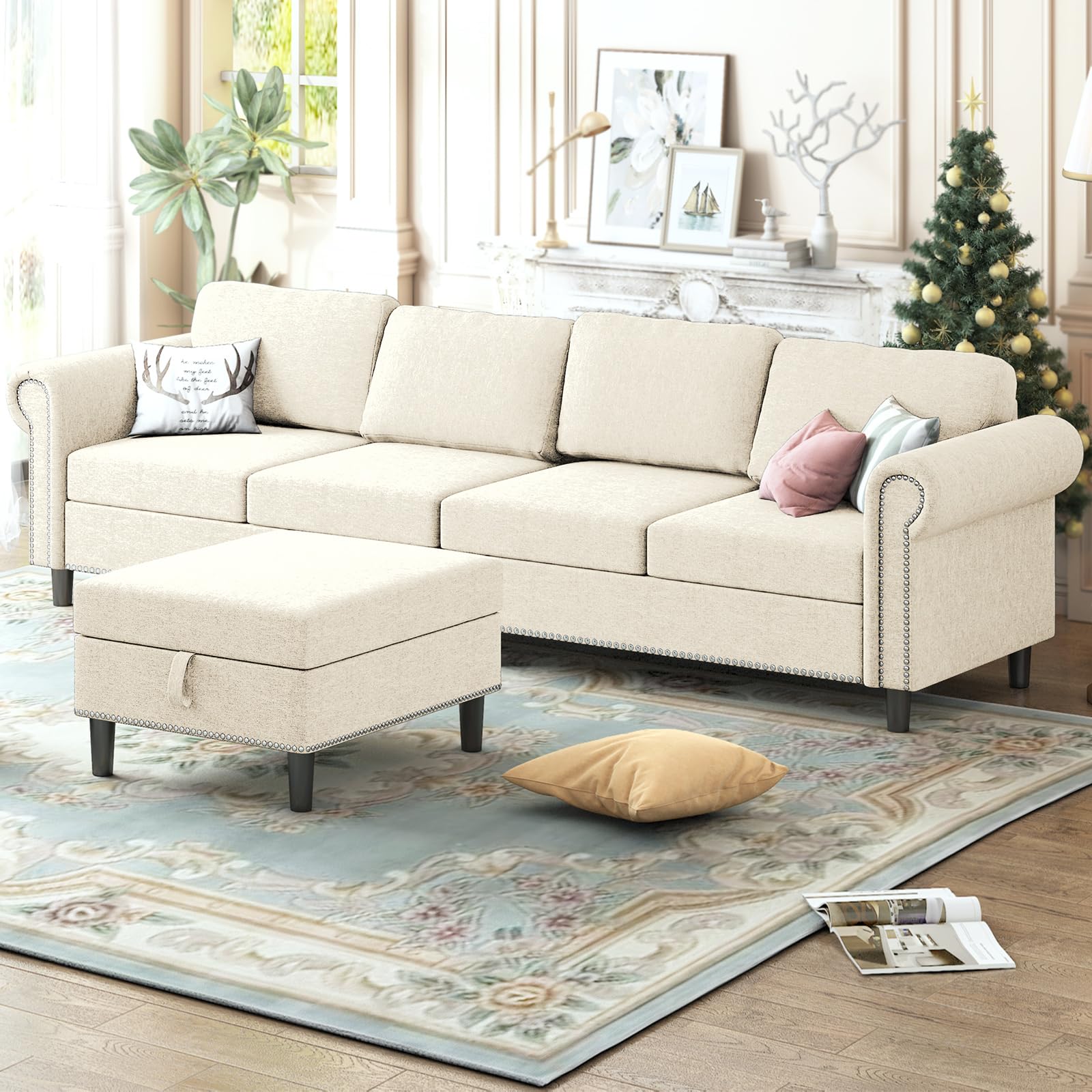 PUREMIND Beige L Shape 102" Sectional Sofa Couch with Movable Storage Ottoman, Linen 4 Seat Convertible Couch with Reversible Chaise, Living Room Sets for Office, Apartment