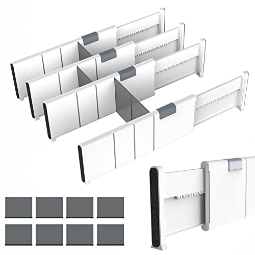 FEXIA 4 Pack Drawer Organizers for Clothing Drawer Dividers 4" High Expandable 11"-17" Adjustable Separators with 8 Inserts Locks in Place for Kitchen Dressers Bedroom Bathroom Home Office Storage