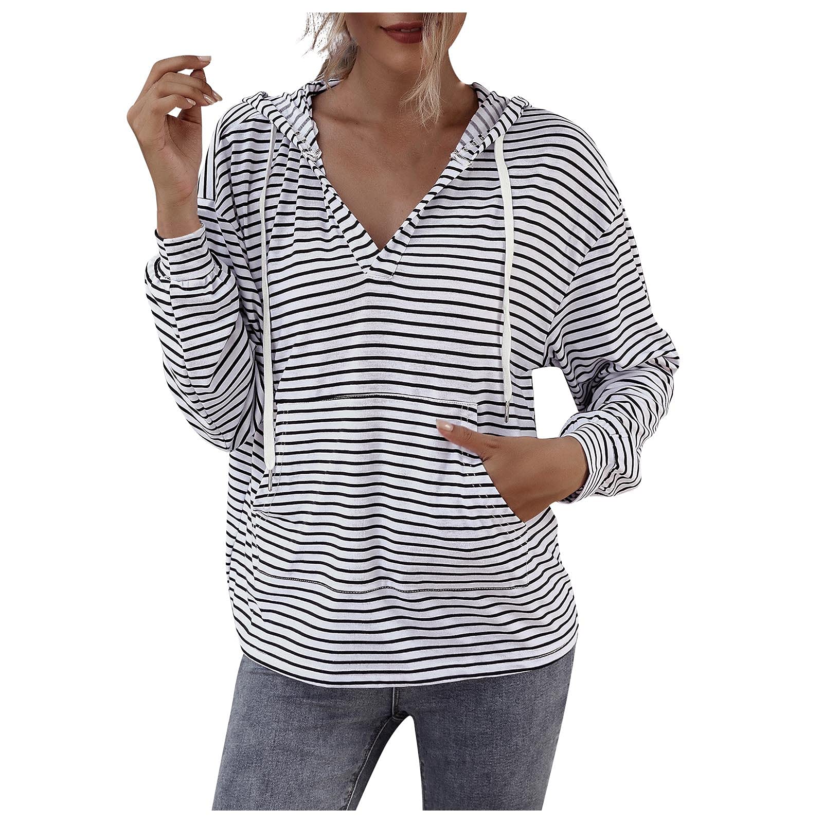 KHIIen Women's Casual Stripe Print Hoodies Tops Long Sleeve Drawstring Pullover Sweatshirts with Pocket