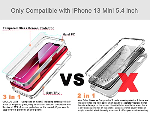 COOLQO Compatible for iPhone 13 Mini Case 5.4 Inch, with [2 x Tempered Glass Screen Protector] Clear 360 Full Body Protective Coverage Silicone 14 ft Drop Military Grade Shockproof Phone Cover