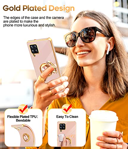 LeYi for Samsung Galaxy A42 5G Case with Tempered Glass Screen Protector [2 Pack] 360° Rotatable Ring Holder Magnetic Kickstand, Plating Rose Gold Edge Protective Case, Pink