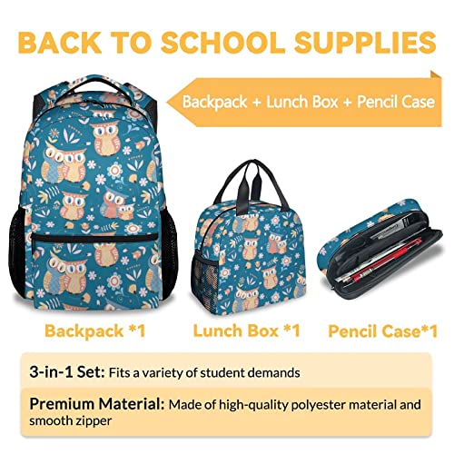 COOPASIA Owl Backpack with Lunch Box And Pencil Case, 16 Inch Owl Theme Bookbag with Adjustable Straps, Durable, Lightweight, Large Capacity, School Backpack for Girls Women