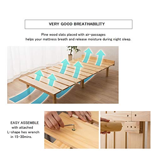 EMOOR Wood Slatted Floor Bed Frame OSMOS Twin for Japanese Futon Mattress Solid Pine (Retro-Brown), Height Adjustable (2/7/12in) Tatami Mat
